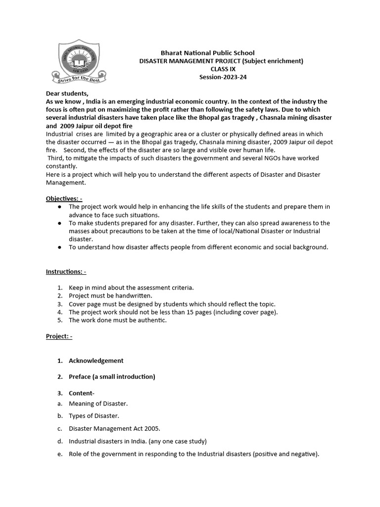 SUBJECT ENRICHMENT DISASTER MANAGEMENT PROJECT | PDF | Emergency ...