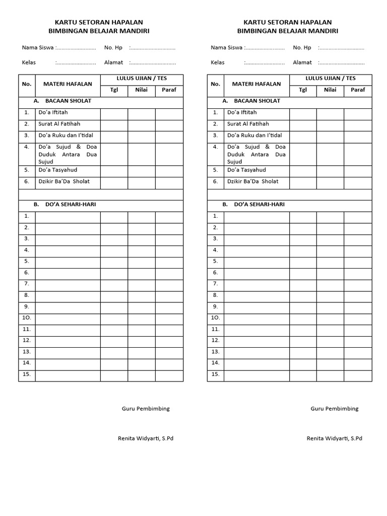 Kartu Setoran Hapalan | PDF