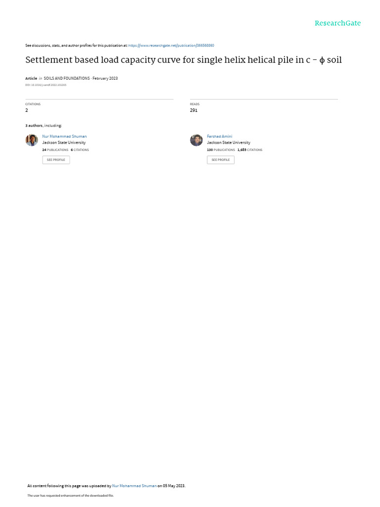 Settlement based load capacity curve for single helix helical pile in c ...