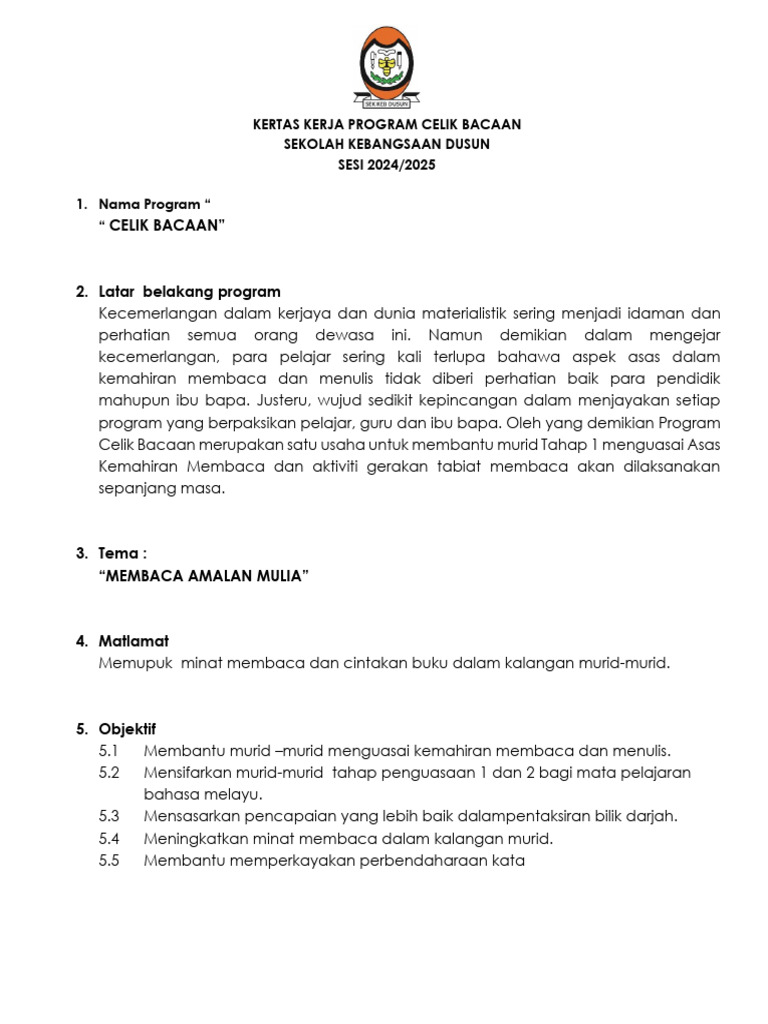 Kertas Kerja Program Celik Bacaan | PDF