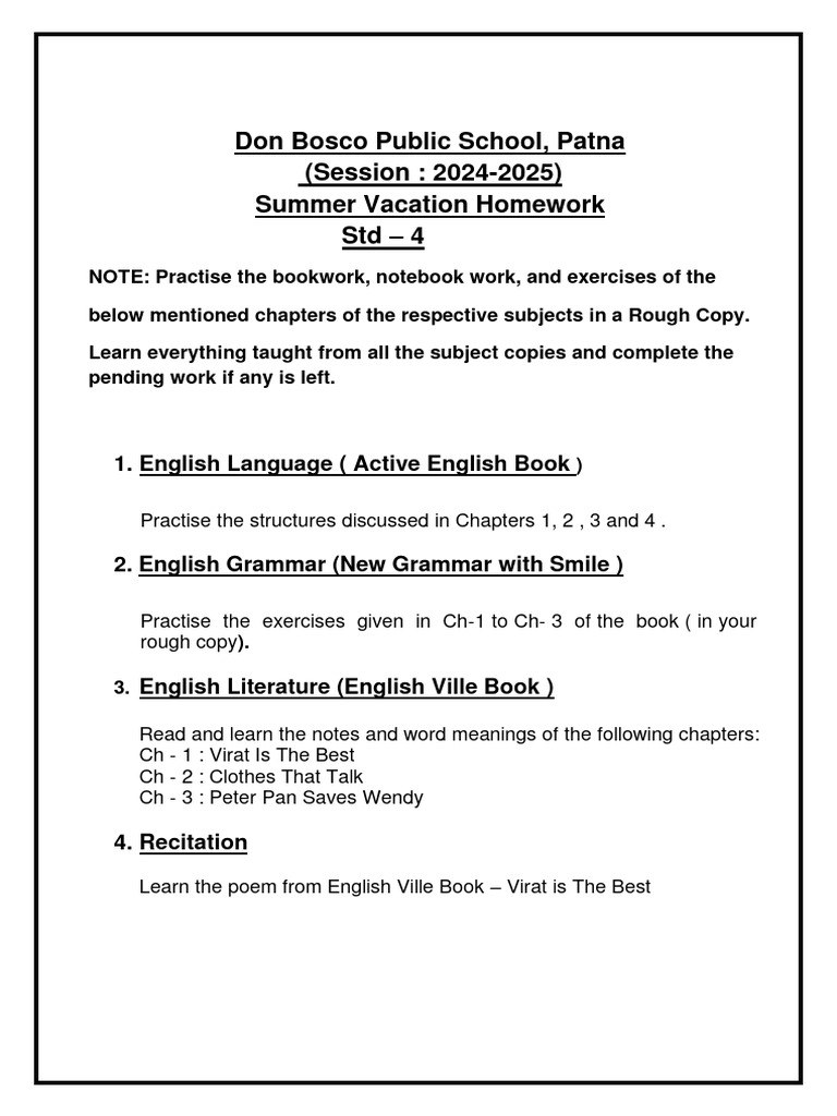 Summer Holiday Homework - STD 4-1 | PDF