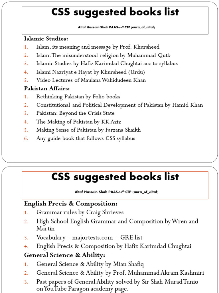 CSS suggested books list | PDF | Pakistan