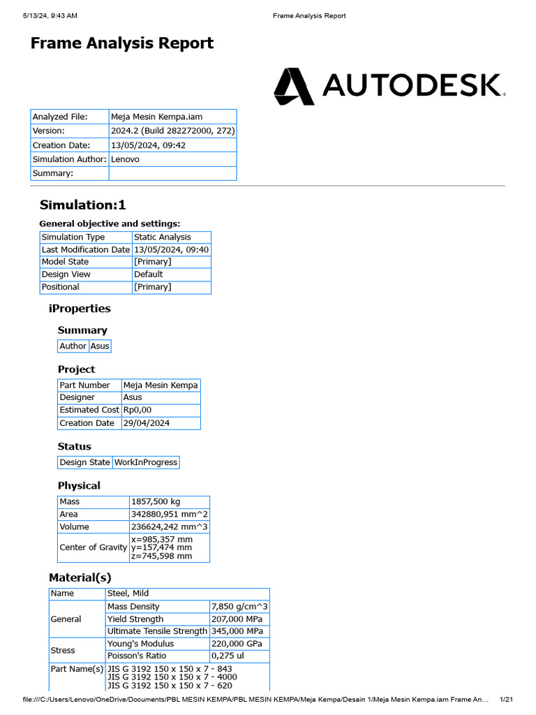 Frame Analysis Penampang Atas | PDF | Strength Of Materials | Beam (Structure)