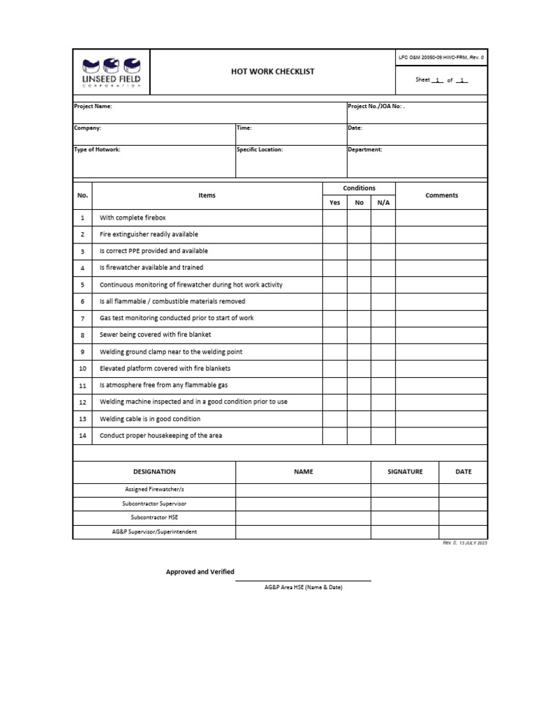 Linseed-Hot Work Checklist | PDF | Fires | Safety