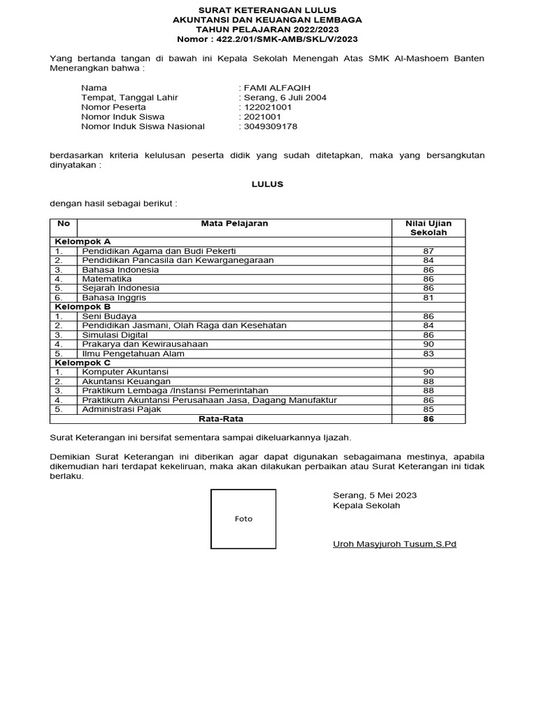 Surat Keterangan Lulus SMP 2023 | PDF