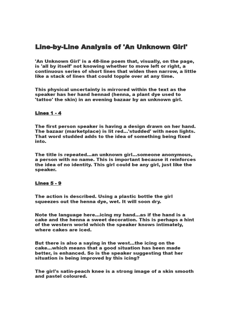 Analysis of Unknown Girl | PDF | Poetry | Rhyme