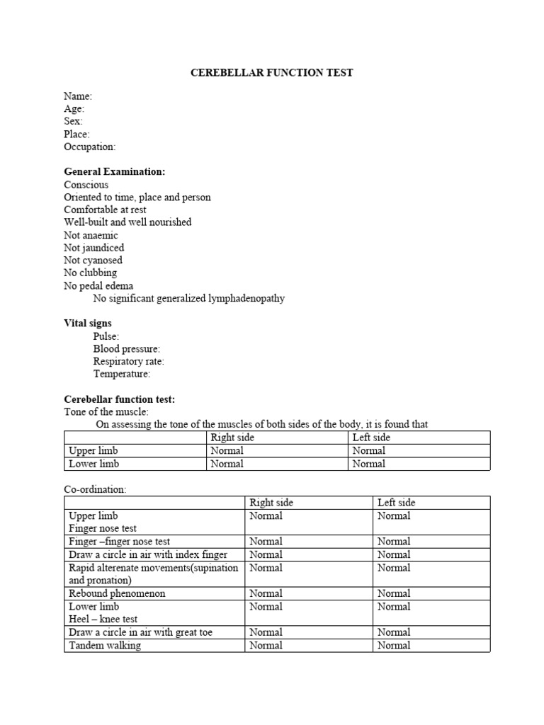Cerebellar Function Test-Case Sheet | PDF