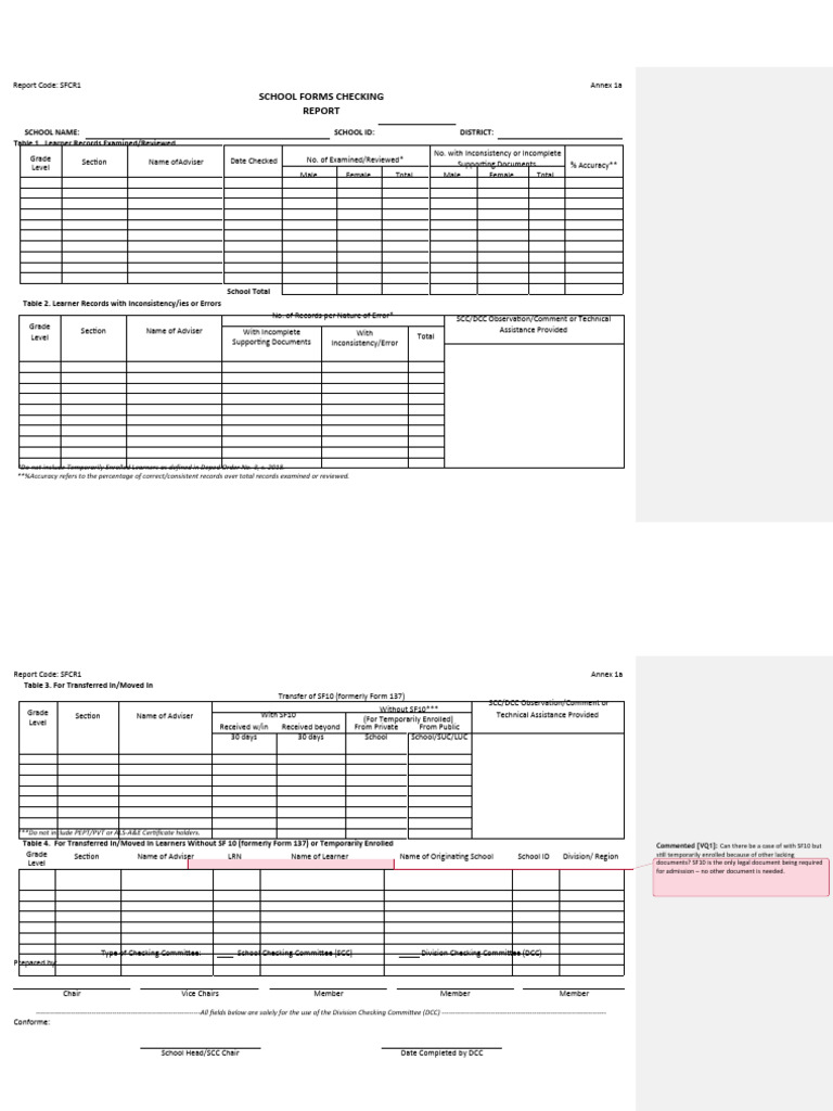 Annex 1a School Forms Checking Report PDF Free | PDF