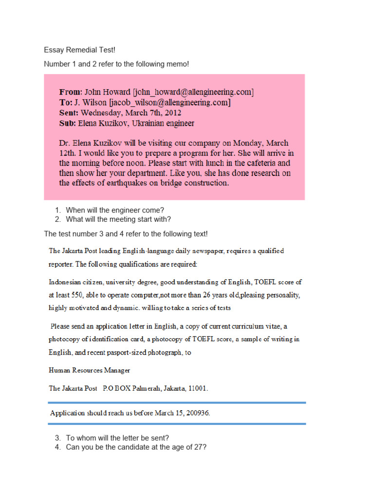 Essay Remedial Test Questions | PDF