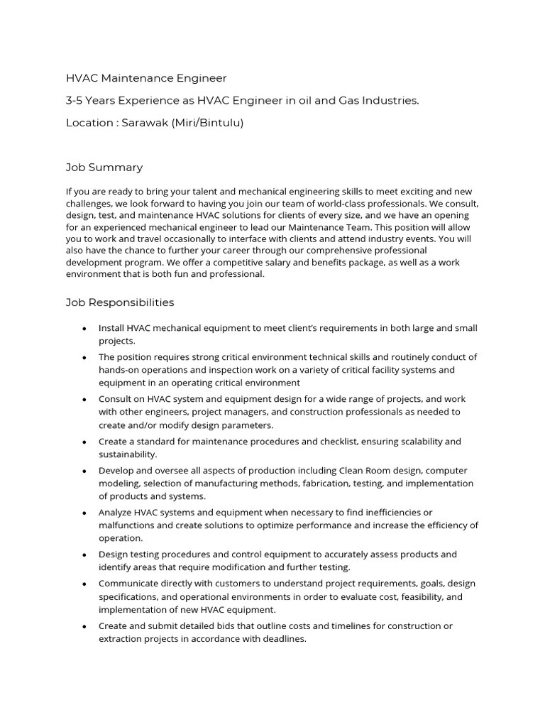 HVAC Maintenance Engineer Job Description | PDF | Mechanical ...