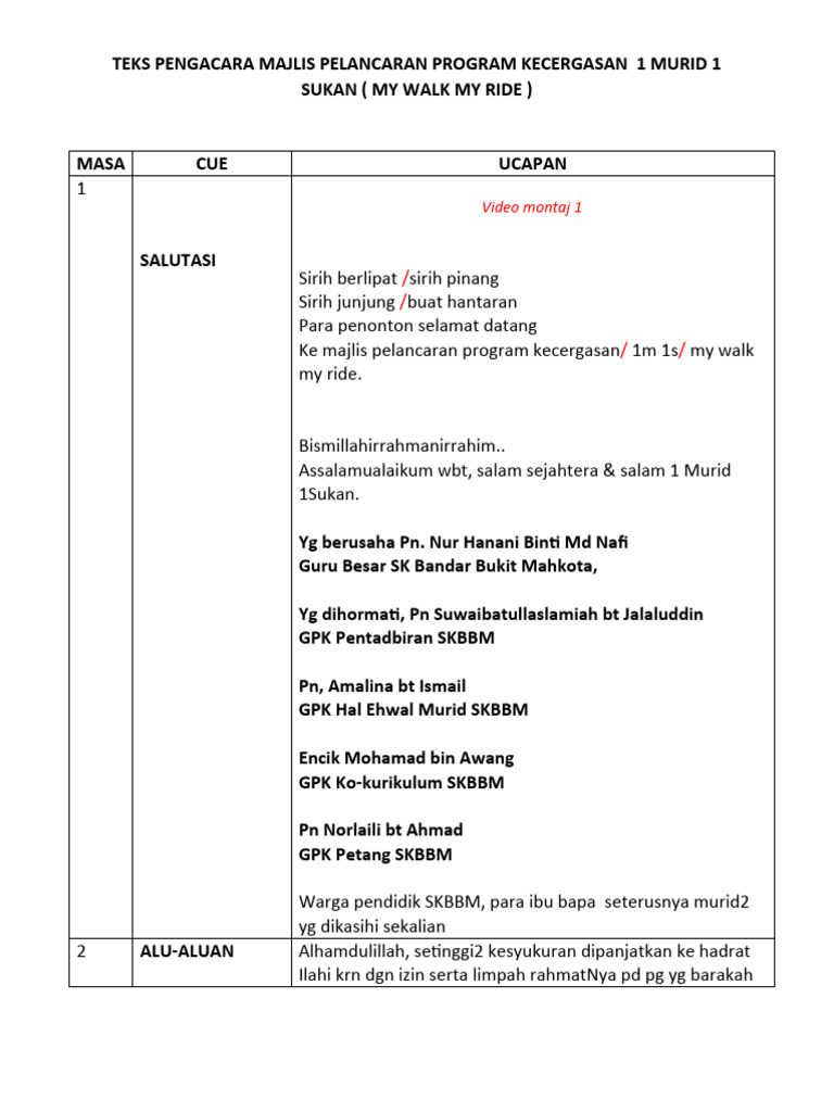 Teks MC Majlis Pelancaran 1M 1S | PDF