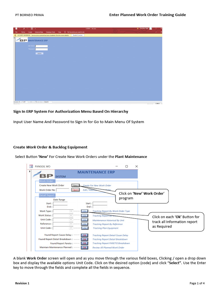BP ERP Lokal System Enter Planned Work Order Training Guide | PDF | Menu (Computing) | Computing