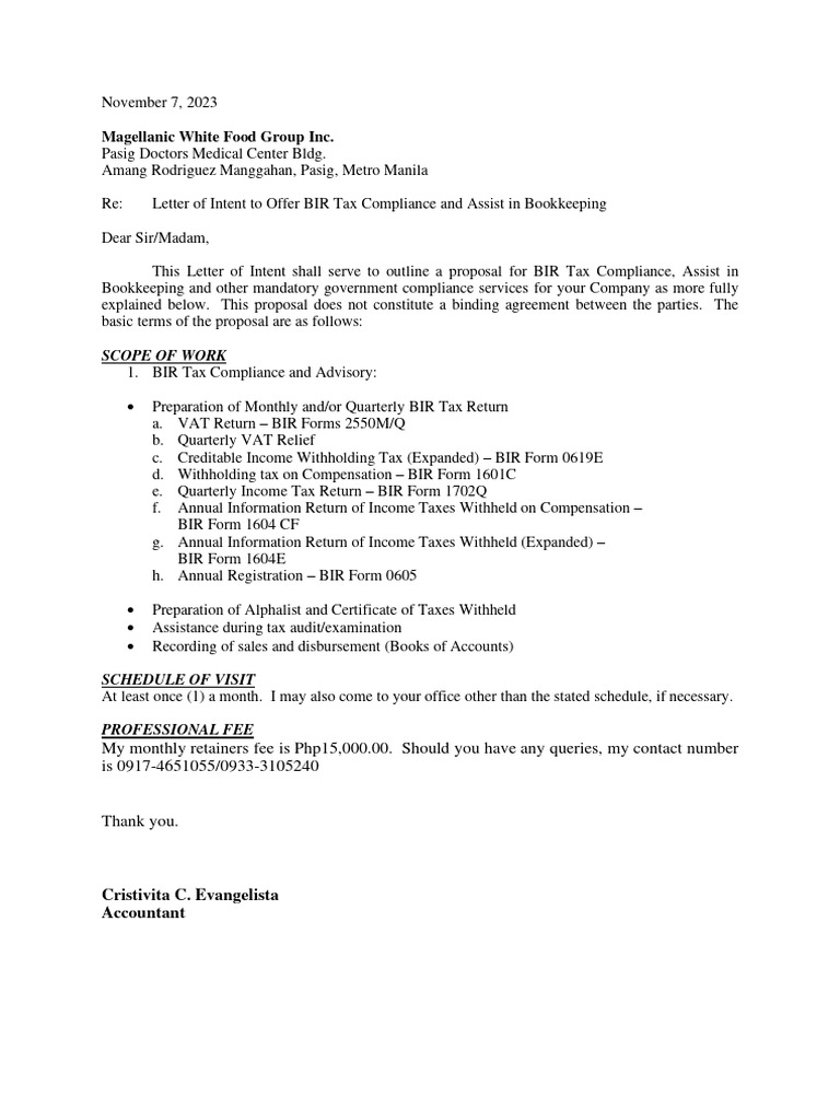 Offer Letter Bir Complaince and Bookeeping Assistance | PDF