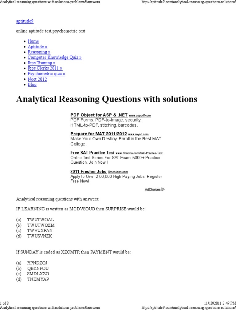 Analytical Reasoning Questions With Solutions-problems&Answers | PDF ...