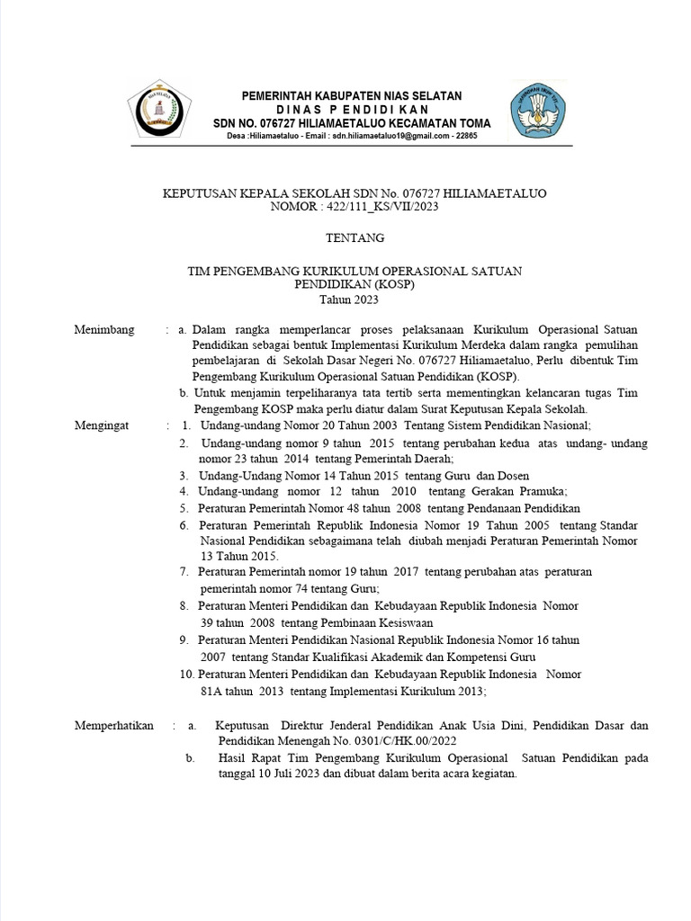 Tim Pengembang KOSP SDN Hiliamaetaluo 2023 | PDF