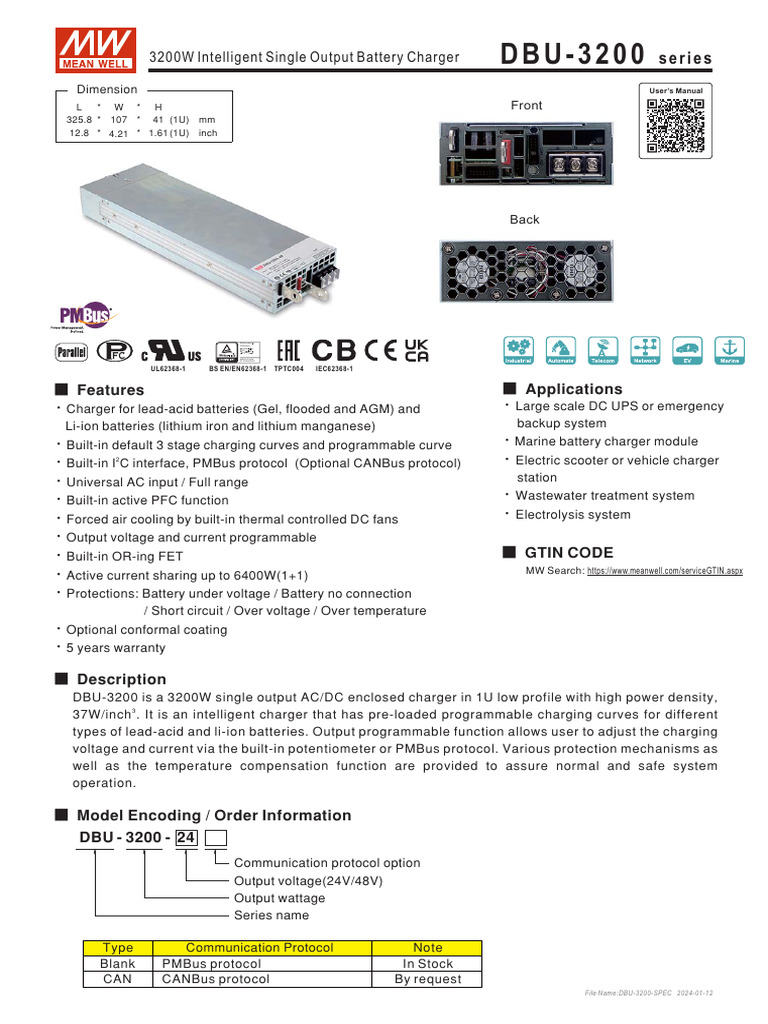 DBU 3200 Spec | PDF | Battery Charger | Power Supply