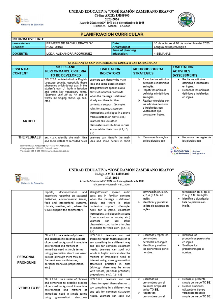 Planificación Curricular Inglés 1ro A | PDF