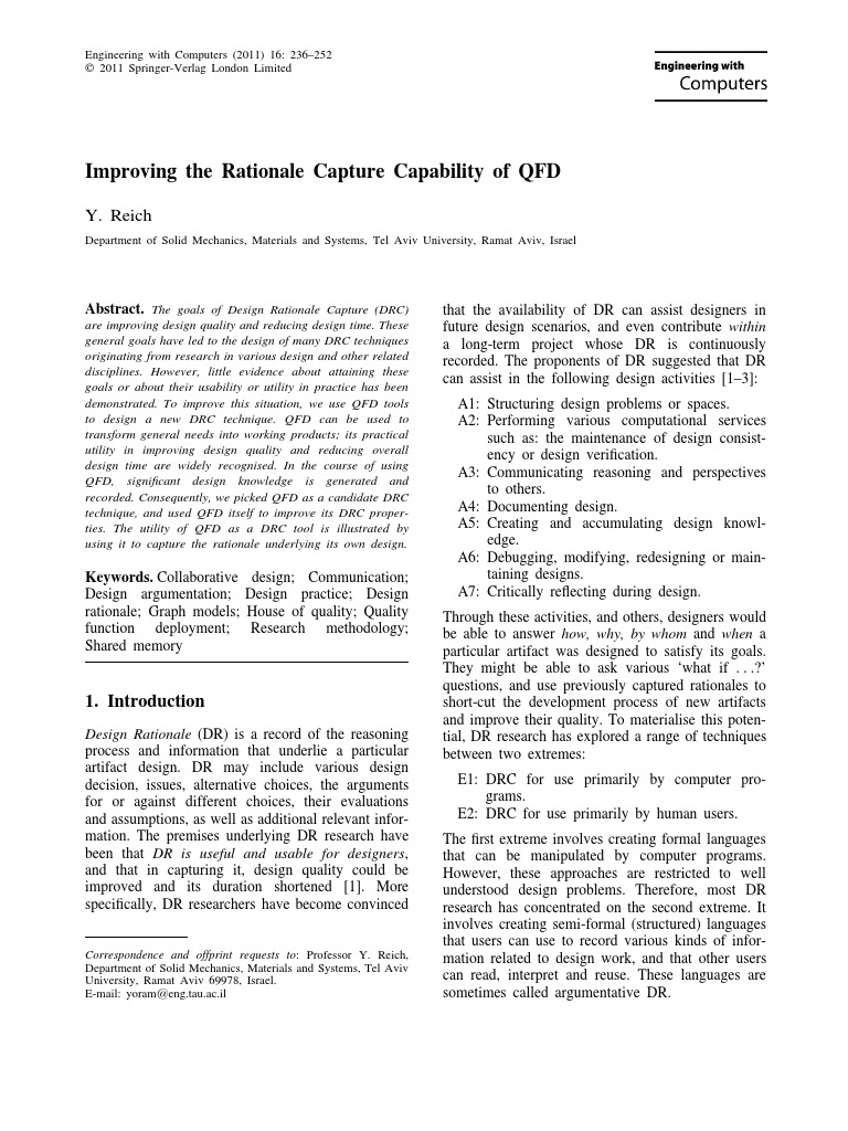 Improving The Rationale Capture Capability of QFD: Y. Reich | PDF ...