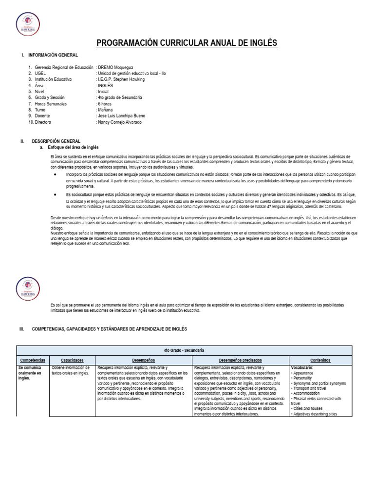 Programación Curricular Anual de Inglés 4S | PDF | Léxico | Idioma en Inglés