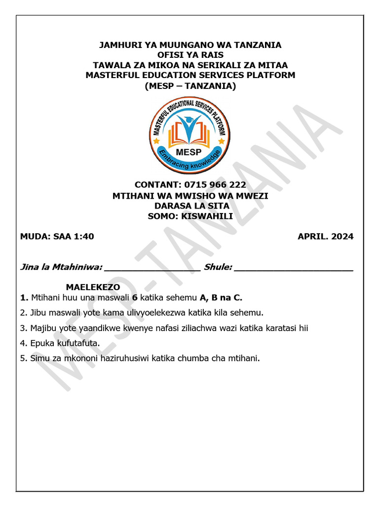 Mesp-Tanzania STD Vi April End Month Exam | PDF | Language Arts ...
