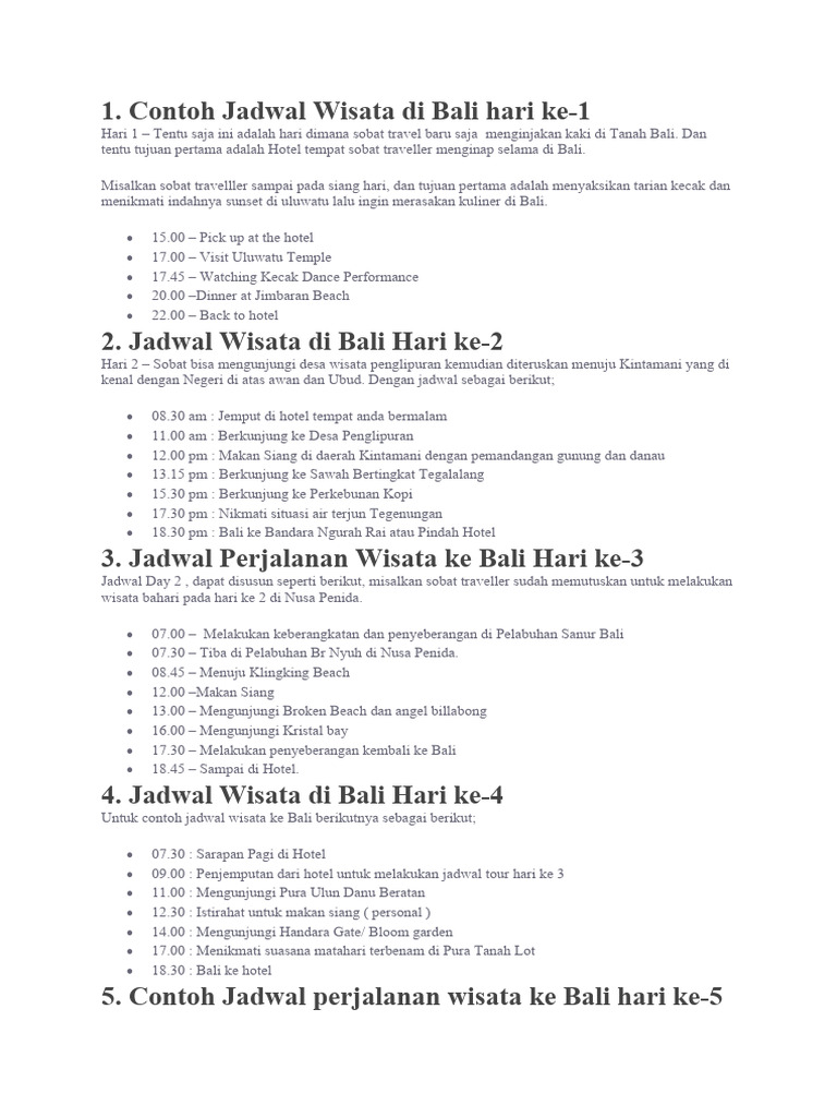 Contoh Jadwal Wisata Di Bali | PDF