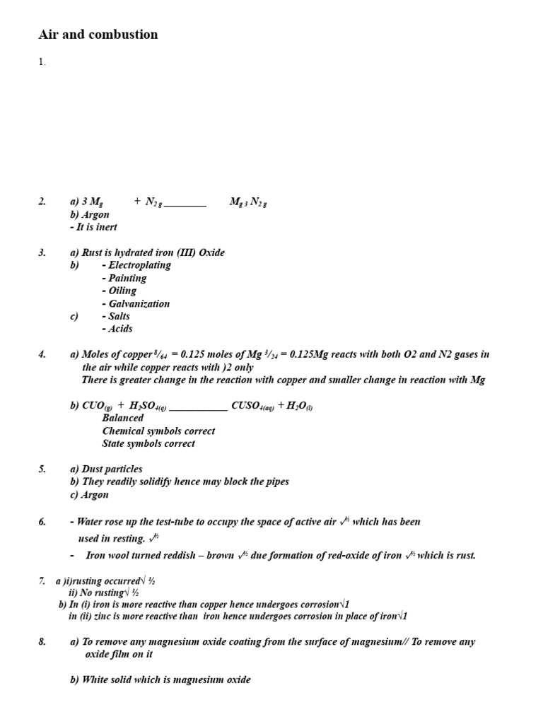 FORM 1 AIR AND COMBUSTION ANS Teacher - Co - .Ke | PDF | Rust | Magnesium