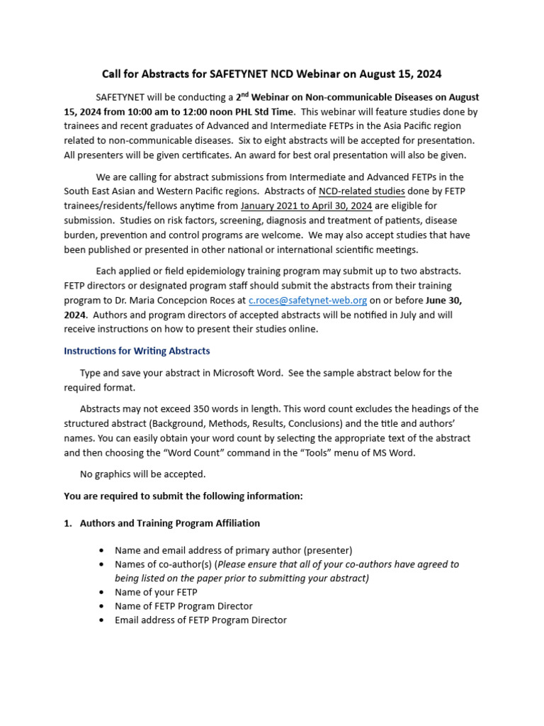 Call For Abstracts For SAFETYNET NCD Webinar On August 15 | PDF ...