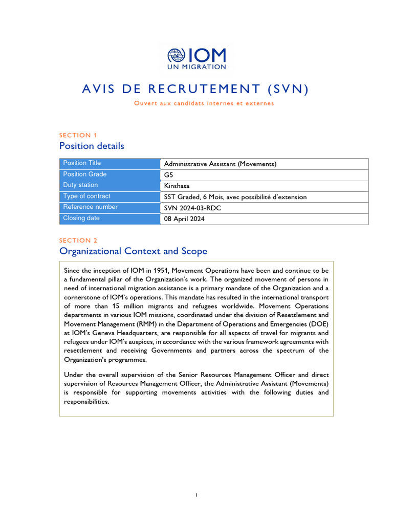 SVN 2024-03-RDC - Administrative Assistant (Movements) - G5 | Download Free PDF | International ...