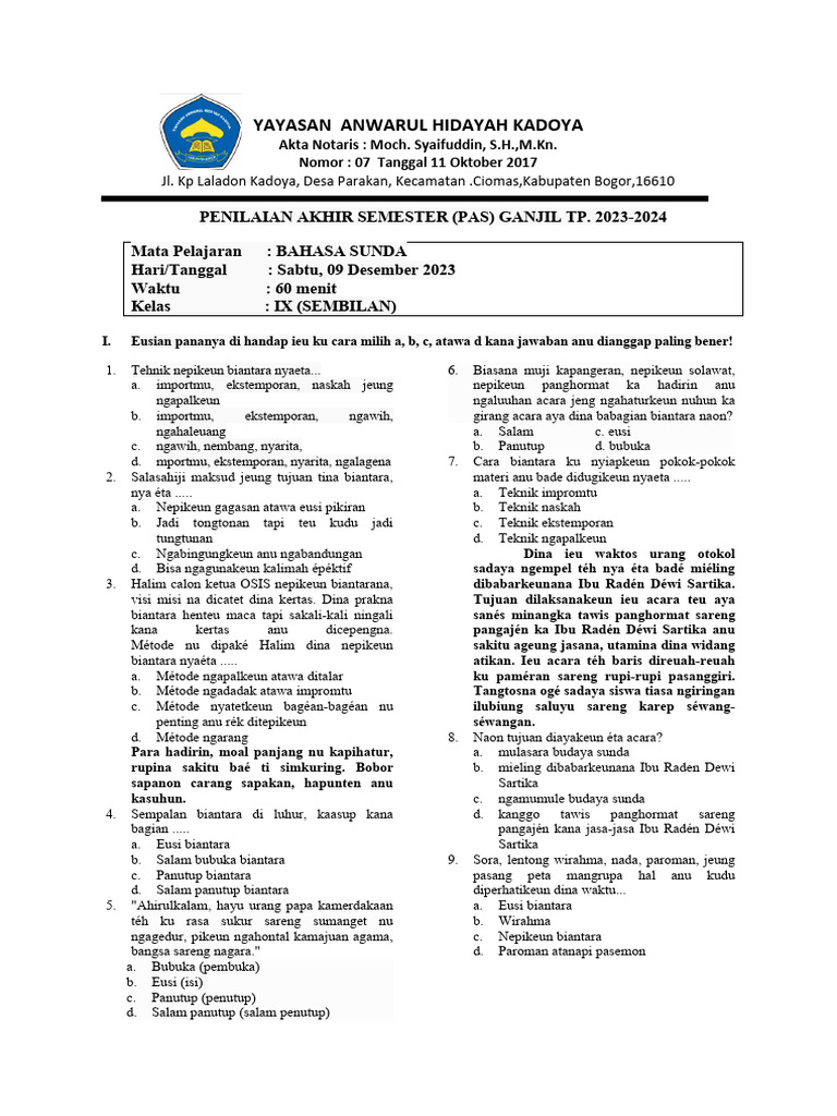 Soal Pas Kls 9 23-24 | PDF