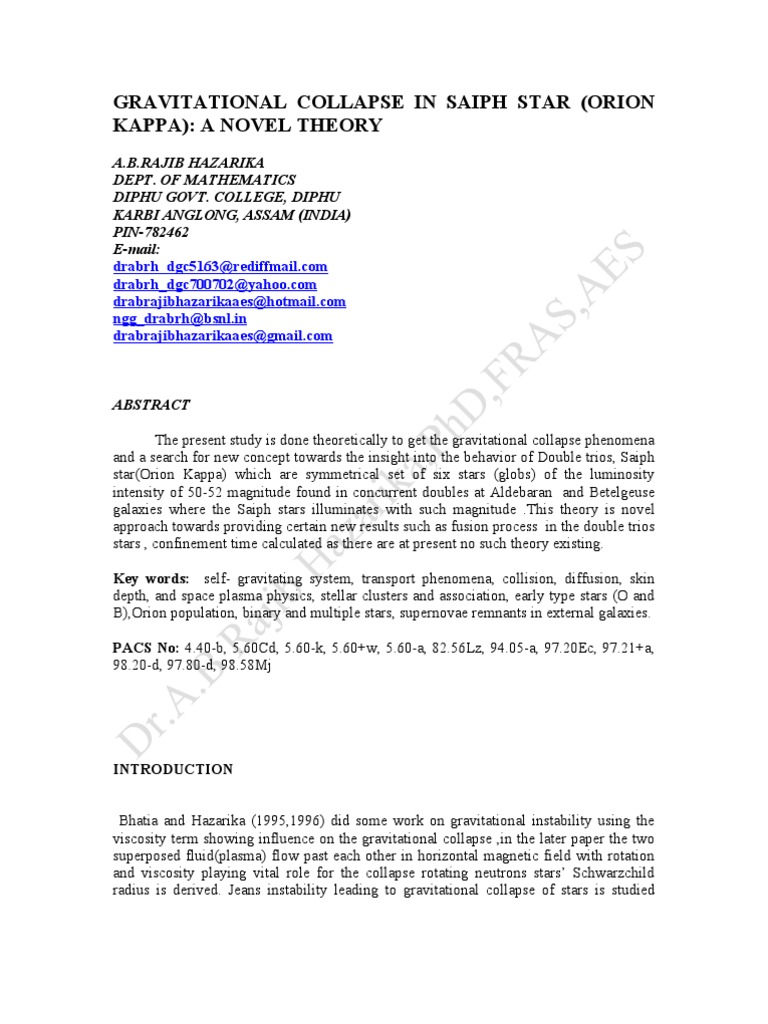 Gravitational Collapse in Saiph (Kappa Orionis) Star | PDF | Stars ...