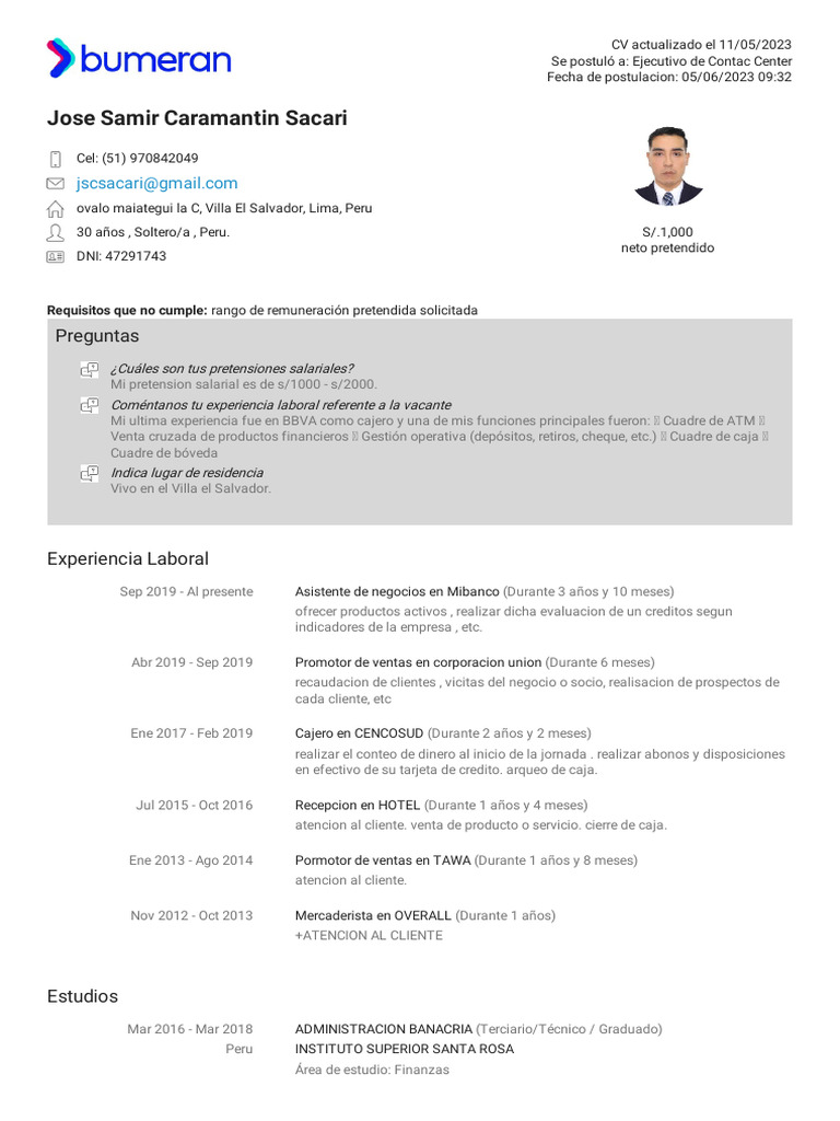 CV de Jose Samir Caramantin - Ejecutivo CC | PDF | Economias | Business