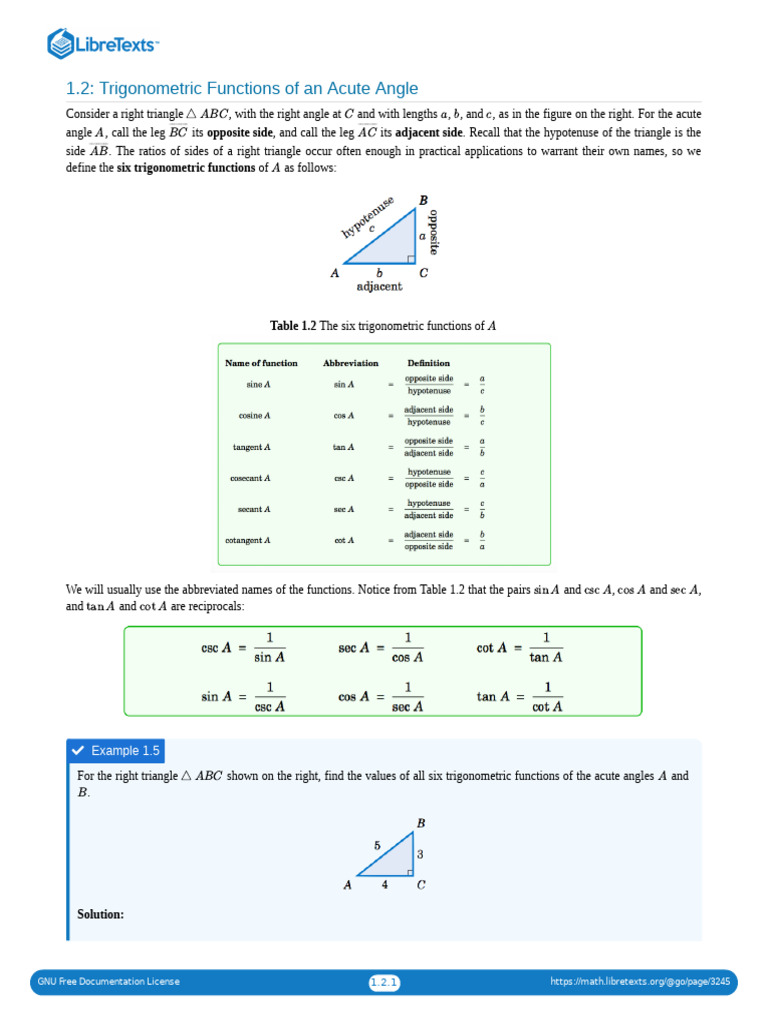 1.02 Trigonometric Functions of an Acute Angle | PDF | Trigonometric Functions | Triangle