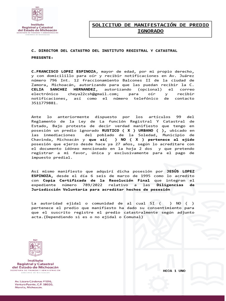 Solicitud de Manifestación de Predio Ignorado | PDF