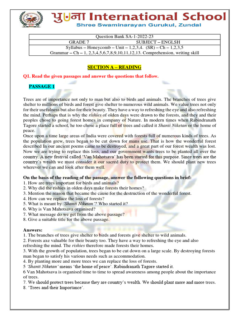 Grade-VII English Question Bank SA-1 2022-23 | Download Free PDF ...