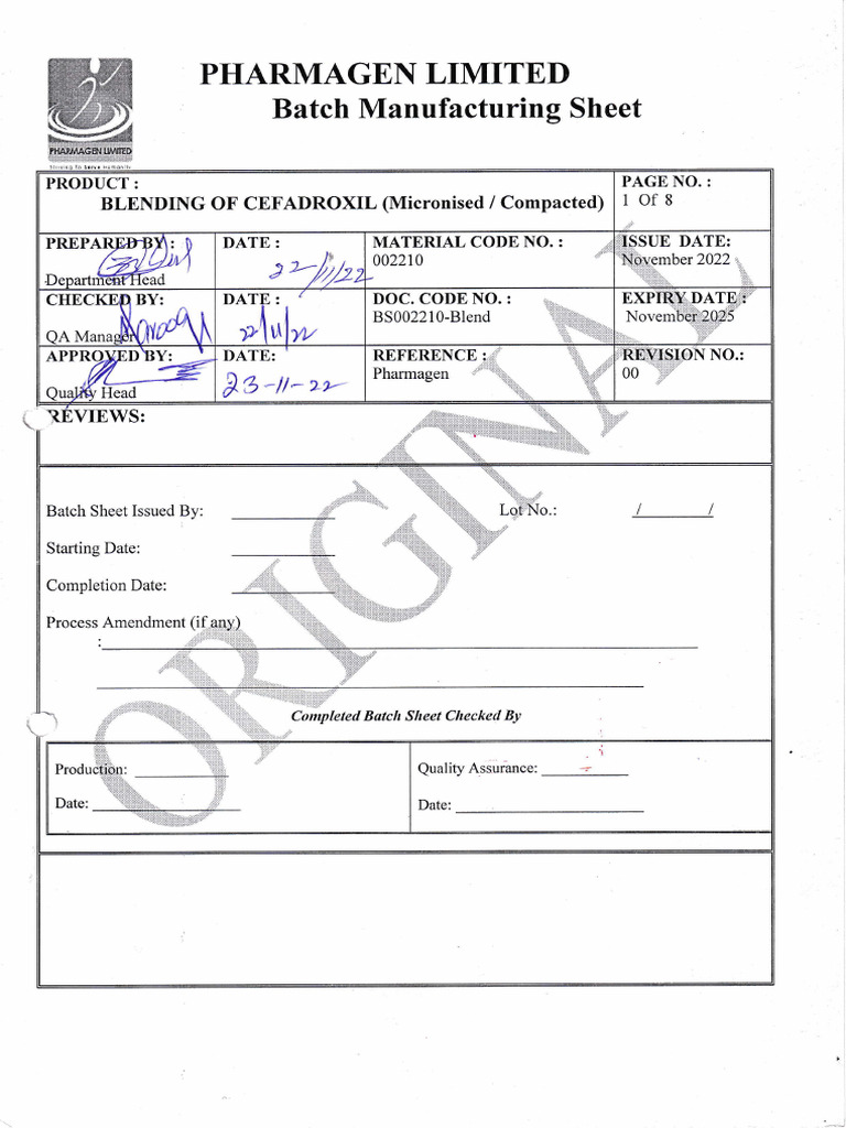 Cefadroxil Blending Sheet 20240221 0001 | PDF