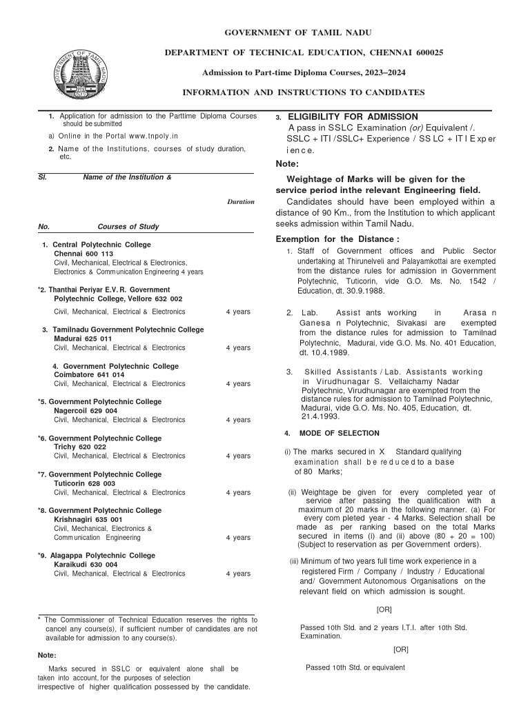 POLYTECHNIC 2023-24 First Year Instructions To CandidatesPart Time ...
