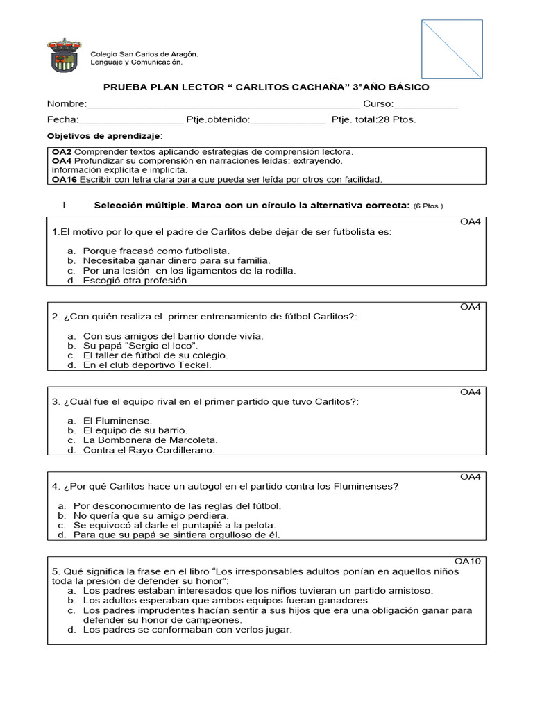 Prueba Plan Lector Carlitos Cachaña | PDF | Asociación de Futbol