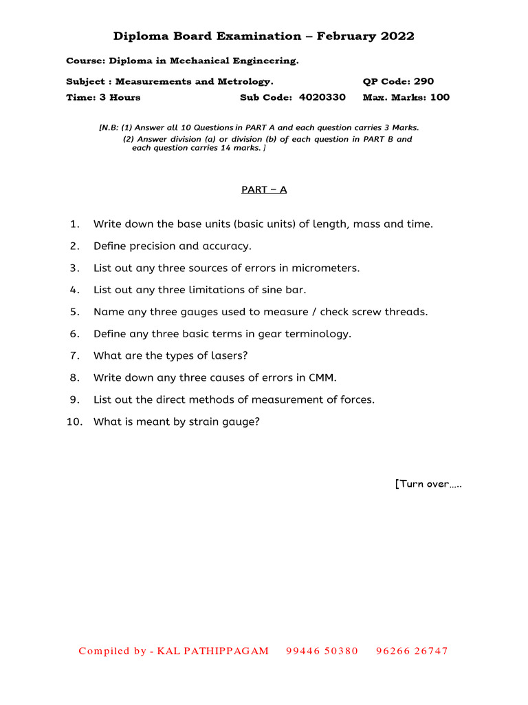 Board Exam Qns - Measurement & Metrology (N - Scheme) | PDF ...