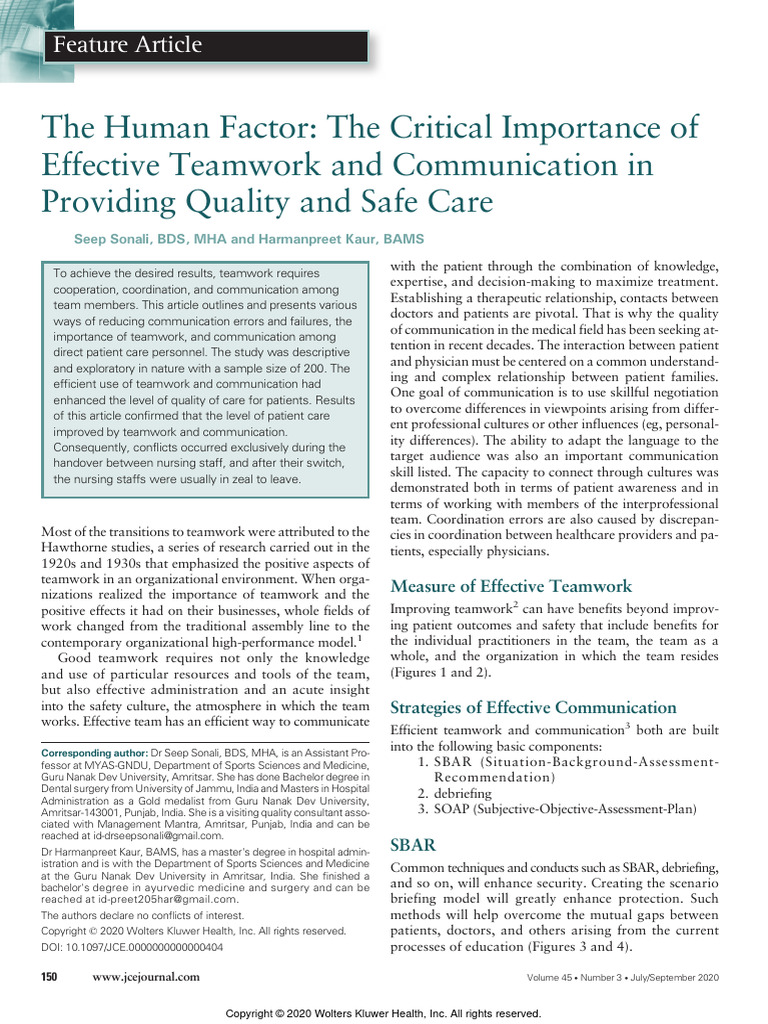 The Human Factor - The Critical Importance of Effective Teamwork and Communication in Providing ...