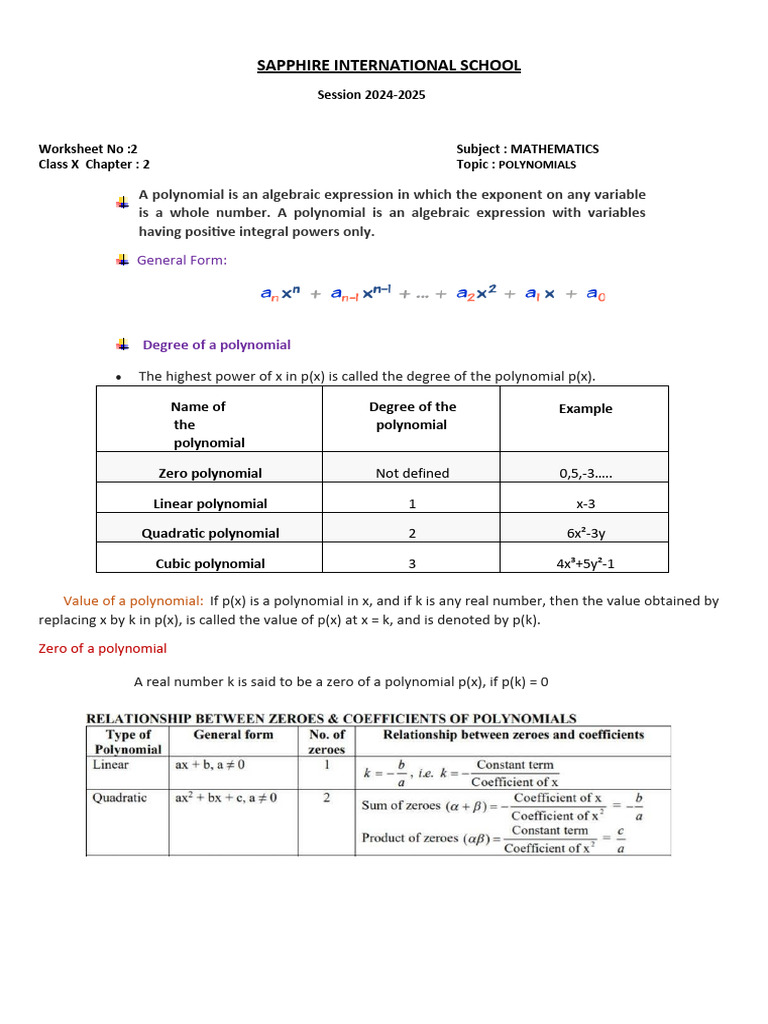 Worksheet 2 CH 2 Class 10 Maths | PDF | Polynomial | Algebra