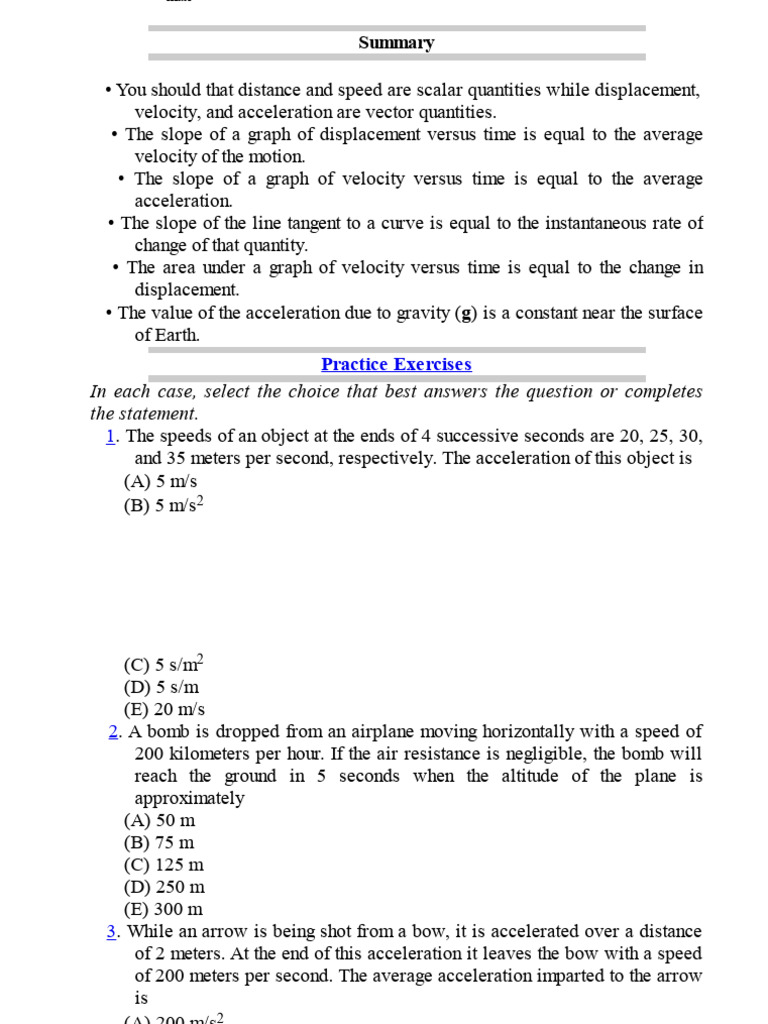 1D+Kinematics+Exercises | PDF | Velocity | Acceleration