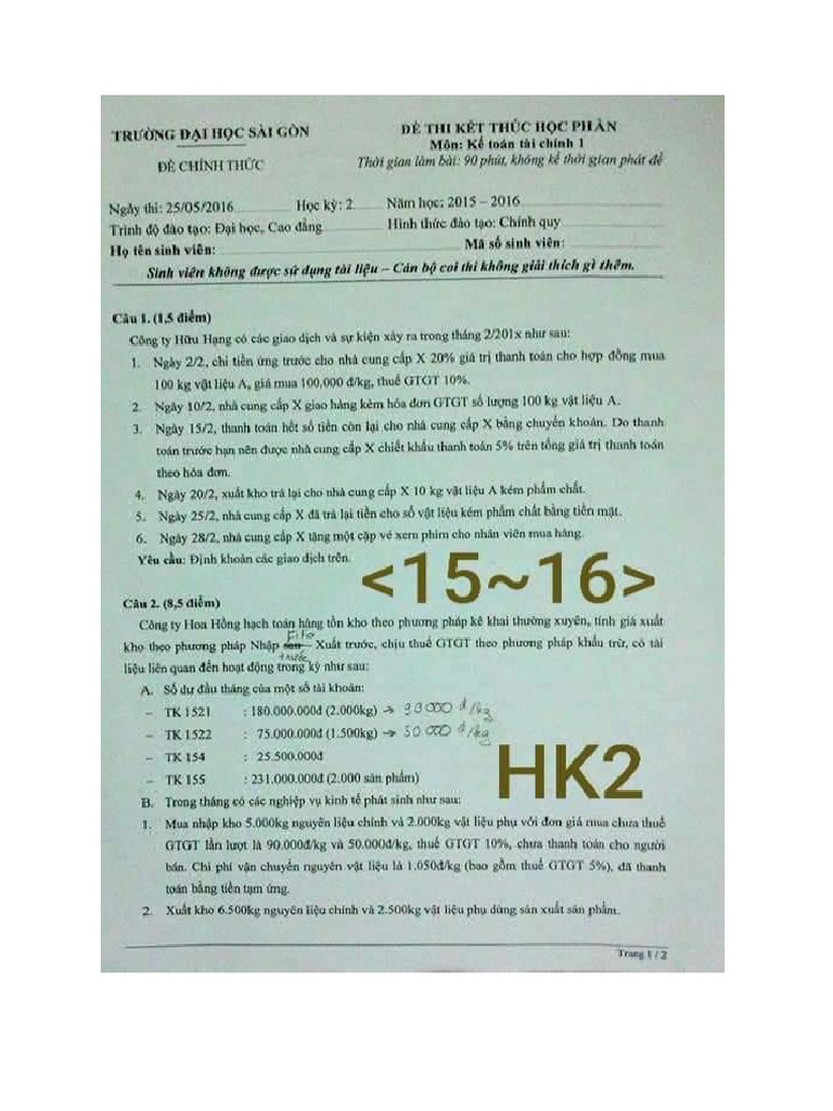 Đề thi KTTC1 | PDF