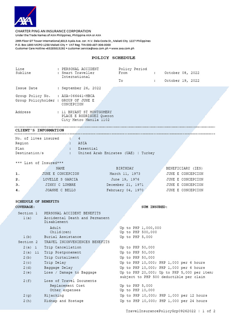 AXA Philippines Travel Insurance Policy | PDF | Deductible | Financial Risk