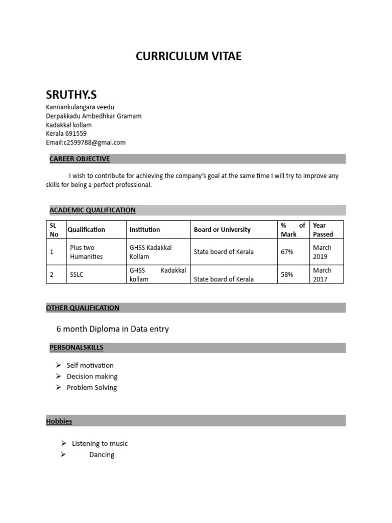 Sruthy.s CV | PDF | Cognition | Cognitive Science