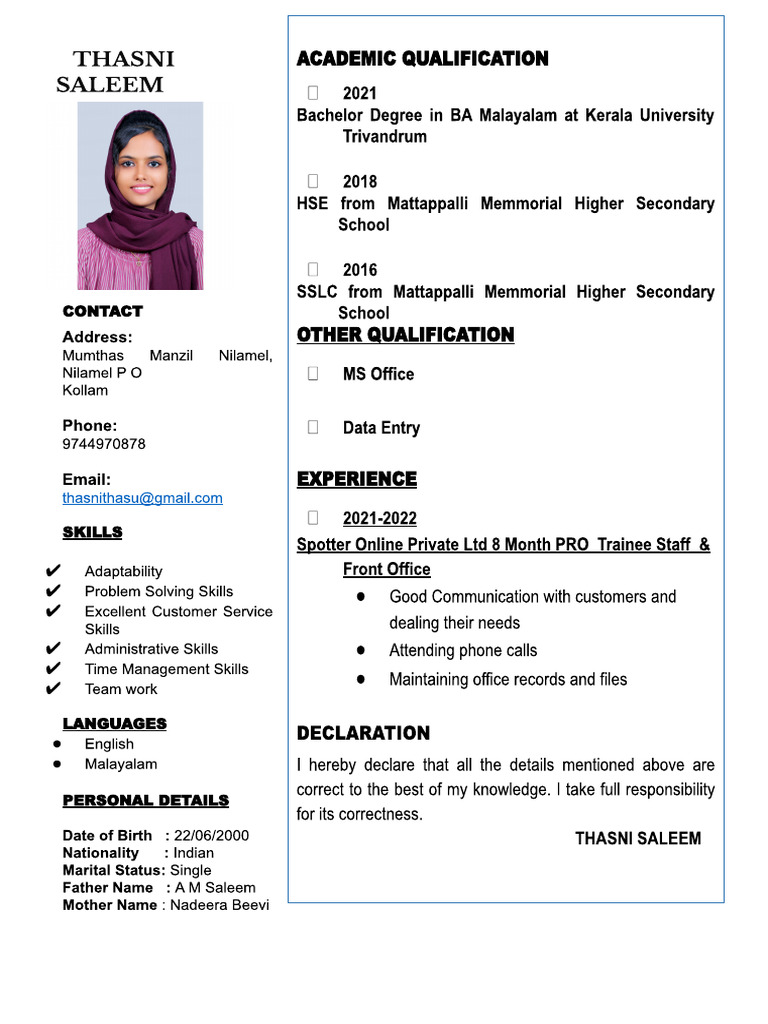 Thasni CV | PDF