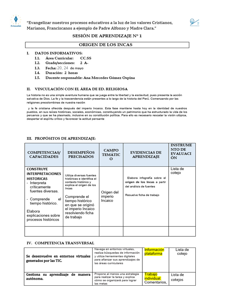 ESQUEMA DE SESION 2020 - 2do CC - SS - 10 | PDF | Imperio Inca | Aprendizaje