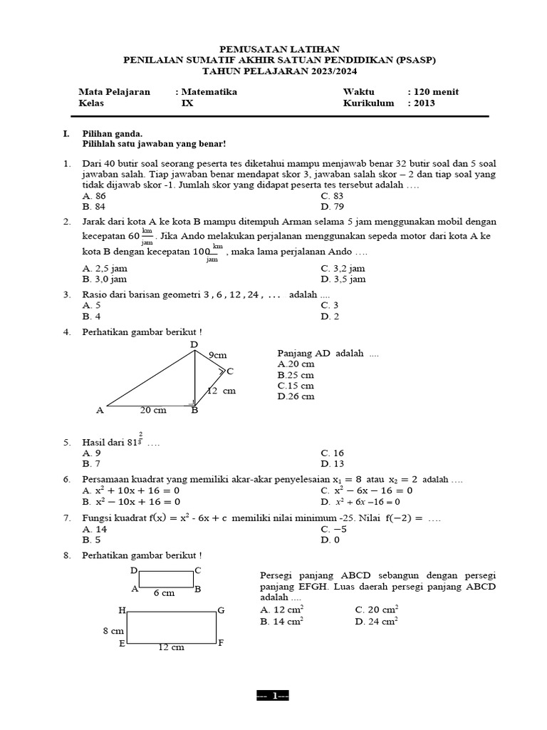 Soal Penilaian Matematika Kelas IX 2023 | PDF