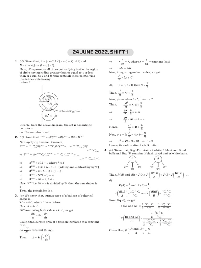 JEE Main Mathematics Solutions 2022 | PDF | Mathematics | Elementary ...