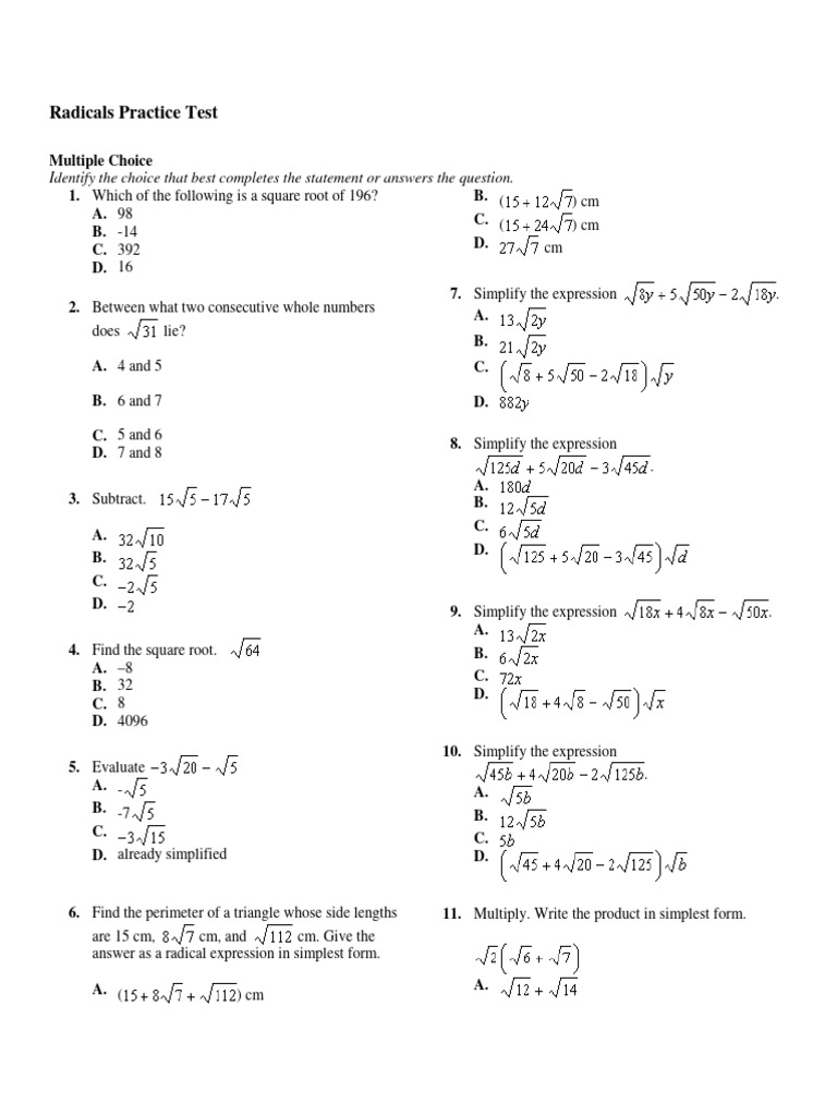 Radicals Practice Test | PDF | Numbers | Rational Number