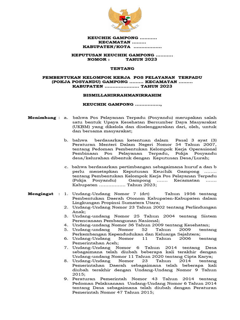 Contoh Draf Pokja Posyandu Gampong 2023 | PDF